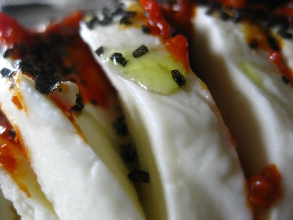 Pea Tendrils, Salmon, Oven Roasted Potatoes and Bocconcini with Ajvar ...